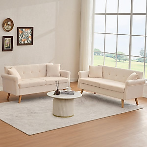 Kingfun Loveseat Sofa, White Love Seat Couches with Throw Pillow, Boucle Small Sofa for Living Room, Bedroom, Office, Button Tufted Upholstered Furniture, Easy to Install