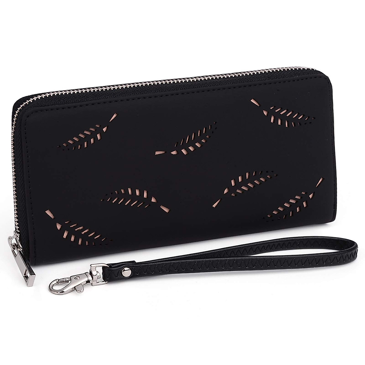 UTO Women Wallet Large Leather Hollow-Carved Leaf Card Holder Checkbook Passport Organizer Ladies Travel Clutch with Wristlet