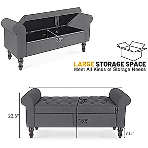 Polar Aurora Storage Bench with Upholstered Rolled Arm Ottoman Bench Couch w/Solid Wood Legs for Bedroom End of Bed, Entryway and Living Room (Gray)