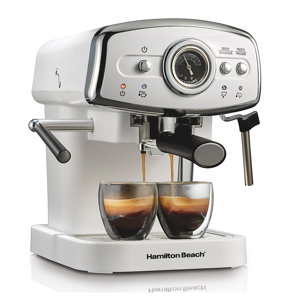 Hamilton Beach Slide & Lock Espresso Machine With Milk Frother Steam Wand For Cappuccino & Latte, 15 Bar Pump and Two Spouts, Removable Reservoir, Compact, Retro Design, White (40731)