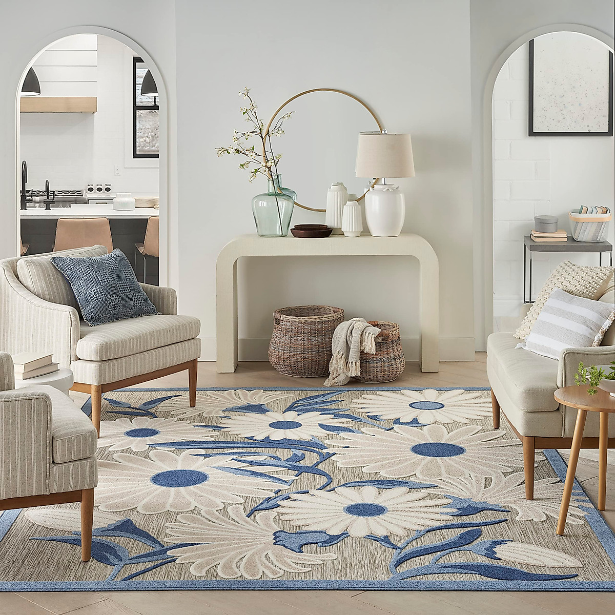 Nourison Aloha Indoor/Outdoor Blue/Grey 3'6" x 5'6" Area Rug, Easy Cleaning, Non Shedding, Bed Room, Living Room, Dining Room, Kitchen (4x6)