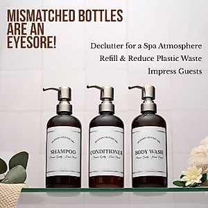 Amber Refillable Shampoo and Conditioner Bottles - Body Wash, Shampoo and Conditioner Dispenser - PET Plastic Shampoo Bottles Refillable with Pump - Waterproof Labels - 16 oz, 3 Pack (Stainless Steel)