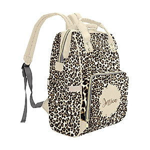 Anneunique Leopard Print Diaper Bags Backpack with Name Personalized Baby Bag Nursing Nappy Bag Travel Tote Bag Gifts for Mom Girl, 15x10.83x6.69 Inch (Pack of 1)