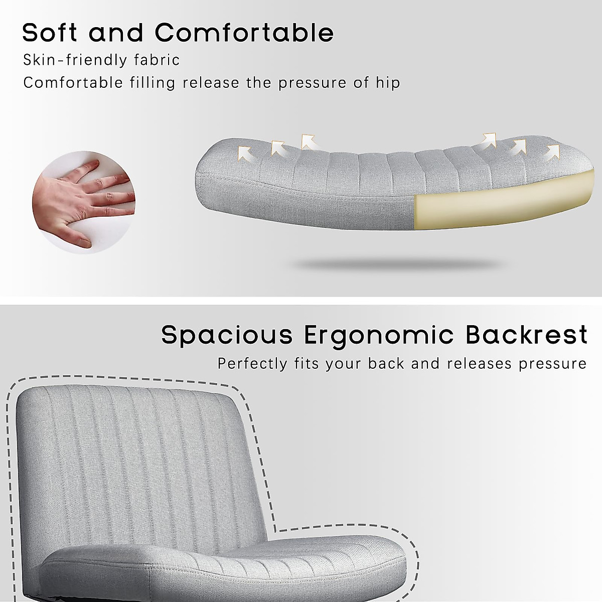 PUKAMI Criss Cross Chair with Wheels,Fabric Padded Armless Cross Legged Office Desk Chair for Home Office,Modern Swivel Height Adjustable Wide Seat Computer Task Vanity Chair(Grey)