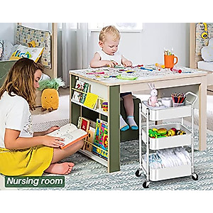 AOODA 3 Tier Under Desk Metal Rolling Cart with Handle and Lockable Wheels, 27'' Height Small Book Cart Mobile Art Cart Rolling Storage Organizer for Office, Bathroom, Kitchen, Nursery (White)