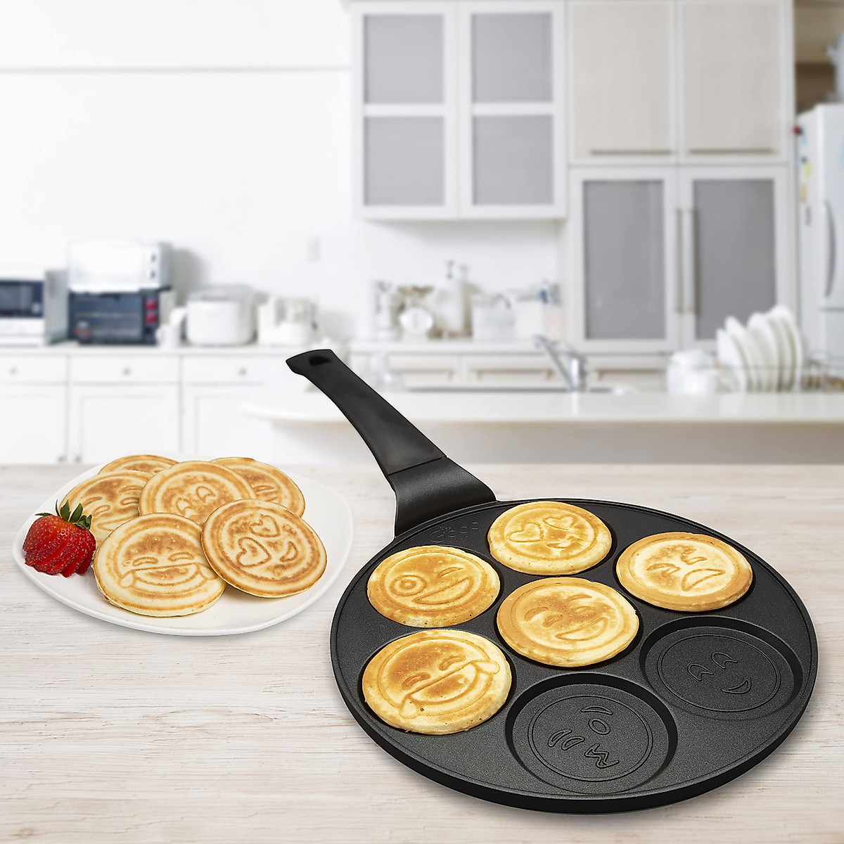 CucinaPro Emoji Friends Mini Pancake Pan, Nonstick Aluminum, 7 Unique Smiley Face Designs, Easy to Clean, Perfect for Kids' Breakfast