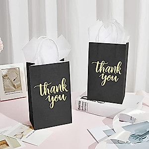 DjinnGlory 100 Pack Small Black Thank You Paper Gift Bags with Handles for Small Business, Shopping, Wedding, Baby Shower, Party Favors (9''x5.5''x3.15'', Black)