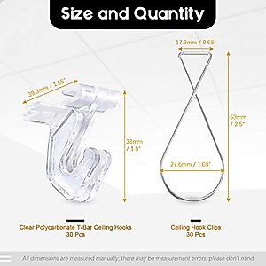 Rustark Clear Hinged Ceiling Hooks, 60 Pack of Polycarbonate Ceiling Grid Clips Metal T-Bar Hooks for Hanging Plants & Decorations, Metal T-Bar Hooks for Suspended Drop Ceiling Tiles