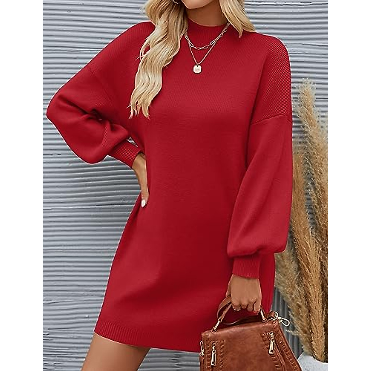 ZESICA Women's 2023 Fall Turtleneck Sweaters Dress Oversized Long Lantern Sleeve Casual Knit Pullover Short Dresses,Red,Small
