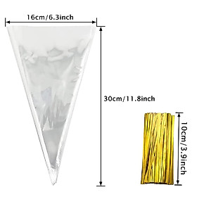 MAOUYWIEE Cone Bag 100 PCS Clear Cello Treat Bags Popcorn Bags Triangle Goody Bags with Twist Ties for Candies Handmade Cookies (6.3" X 11.8")