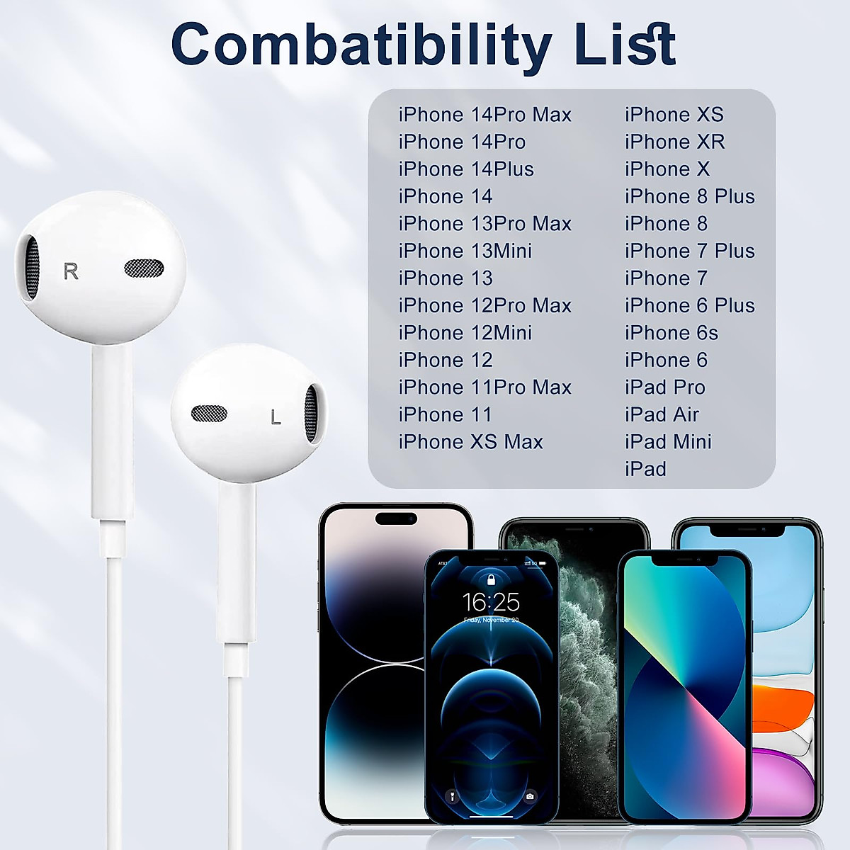 iPhone Earbuds Wired with Lightning Connector iPhone Headphones Wired Earphones with Built-in Microphone & Volume Control【MFi Certified】Compatible with iPhone 14/13/12/11/XR/XS/X/8/7/SE-All iOS