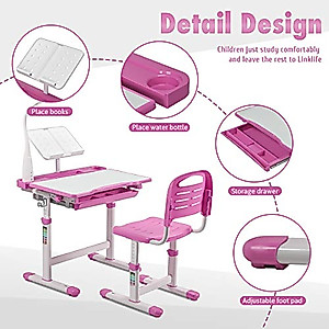 LINKLIFE Kids Functional Desk and Chair Set, Height Adjustable Children School Study Desk with Tilt Desktop, Bookstand, Pencil Case,LED Light, Metal Hook and Storage Drawer for Boys Girls (Pink)…