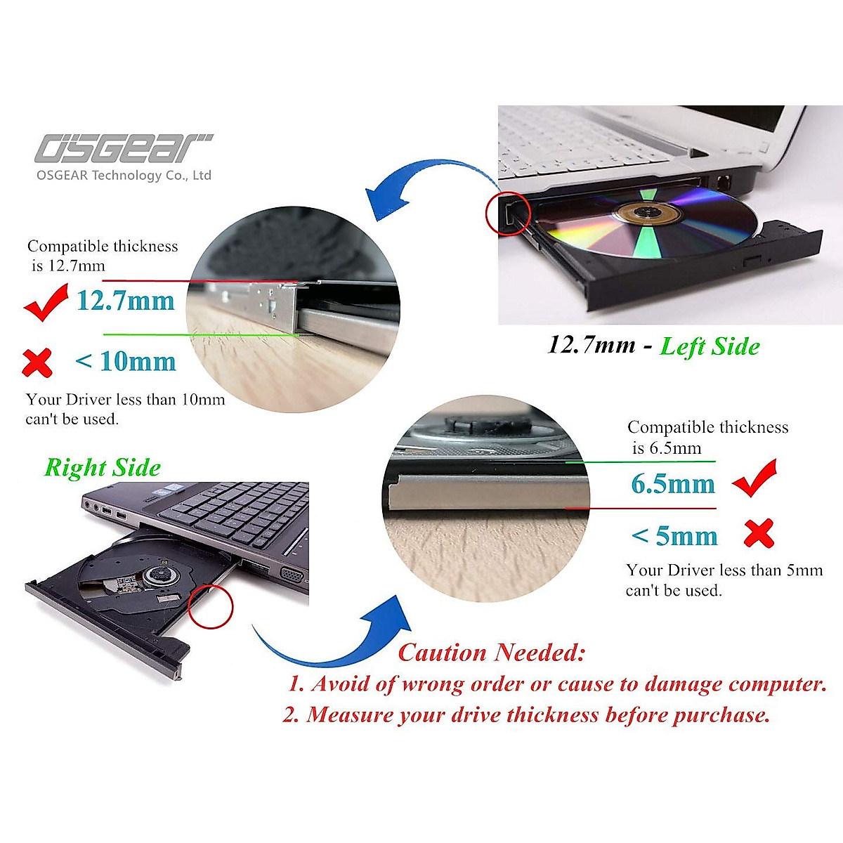 OSGEAR Internal Thick 12.7mm SATA 8X DVDRW CD DVD RW ROM Burner Writer Laptop Replacement PC Mac Tray Loading Drive for Asus Acer HP Dell Lenovo Samsung Sony