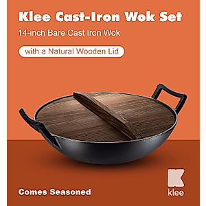 Klee Pre-Seasoned Cast Iron Wok Pan with Wood Wok Lid and Handles - 14" Large Wok Pan with Flat Base and Non-Stick Surface for Deep Frying, Stir-Frying, Grilling, Steaming - Stovetop and Oven Safe