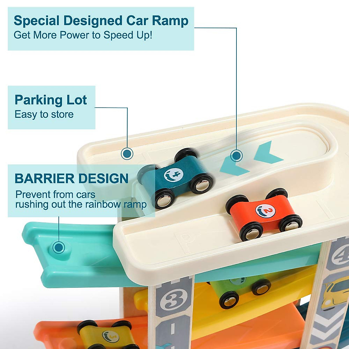 TOP Bright Toddler Wooden Race Track Car Ramp Toys for 1 2 Year Old Baby Motor Skills Race Tracks Car Ramp Vehicle Playsets with 4 Mini Cars and 1 Car Garage