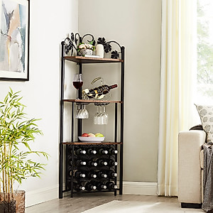 VECELO 3-Tier Corner Wine Rack Freestanding Floor with Glass Holder, 16 Bottles, Wooden Home Liquor Bar Cabinet Storage Display Shelf for Kitchen Dining Room, Rustic Brown