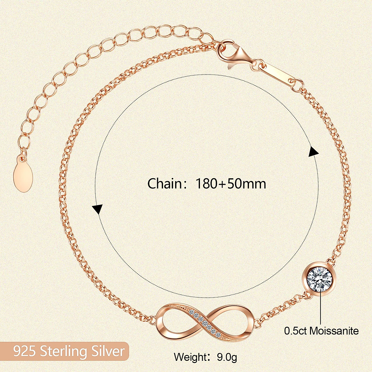 PANCEAN Infinity Symbol Charm Bracelet for Women 925 Sterling Silver Adjustable Bracelet Dainty Gold Bracelet with Moissanite Diamond Jewellery Gifts for Women Girls