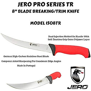 JERO Pro Series TR 8" Breaking & Trimming Knife - Commercial Grade Butcher Knife - Double Injection Molded Handle With Thick Santoprene Out Layer - German Stainless Steel Blade - 1508TR