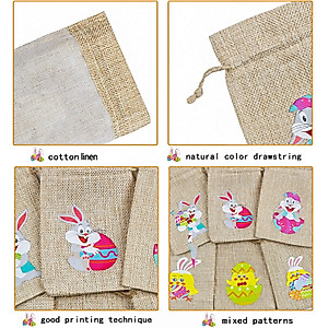 DERAYEE 36Pcs Easter Burlap Bags with Drawstring, Jute Linen Gift Bags Bunny Eggs Goodie Candy Bags for Kids Easter Party Favors