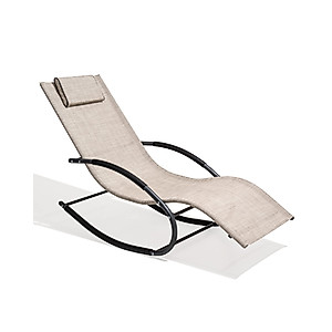 Crestlive Products Patio Rocking Chair Curved Rocker Chaise Lounge Chair with Pillow for Beach Yard Pool Outdoor Indoor, Gray Steel Frame (Beige)