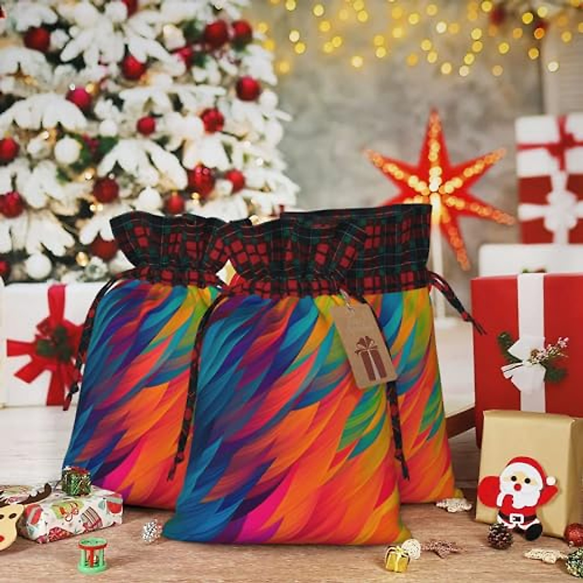 Christmas Gift Bags with Drawstring Burlap Gift Bags Abstract colors pattern Christmas Linen Bags for Xmas Party Candy Bags with Cards Xmas Reusable Wrapping Bags Christmas Linen Treat Bags for Holiday