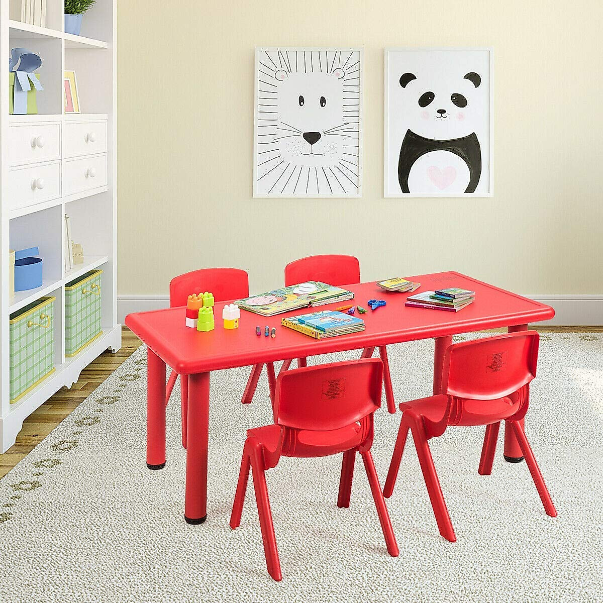 Costzon Kids Table and Chair Set, 4 Pcs Stackable Chairs, 47 x 23.5 Inch Rectangular Plastic Activity Table Set for Children Reading Drawing Playing Snack Time, Toddler School Furniture (Red)