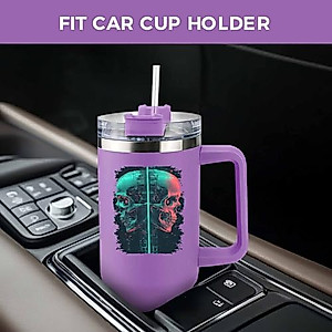 LB LEOBON 40 ounce insulated cup with handle, double-layer vacuum stainless steel material, equipped with straw, can keep warm or maintain cold drinks Neone Poppe Skeletons 2 Deep purple