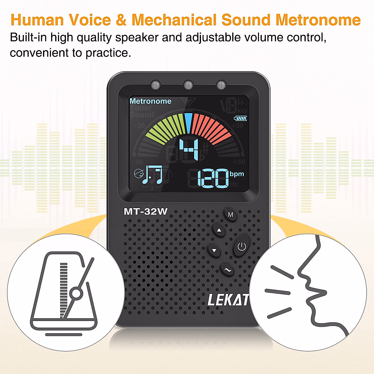 Metronome Tuner, Rechargeable 3 In 1 Digital Metronome with Vocal Count, Tone Generator Tuners for Guitar, Bass, Violin, Ukulele, Chromatic, Clarinet, Trumpet, Flute, All Instruments, Black by LEKATO