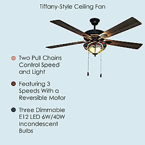 RIVER OF GOODS Tiffany-Style Stained Glass Ceiling Fan - 52" L x 52" W - Distressed Light and Dark Brown Fan Blades