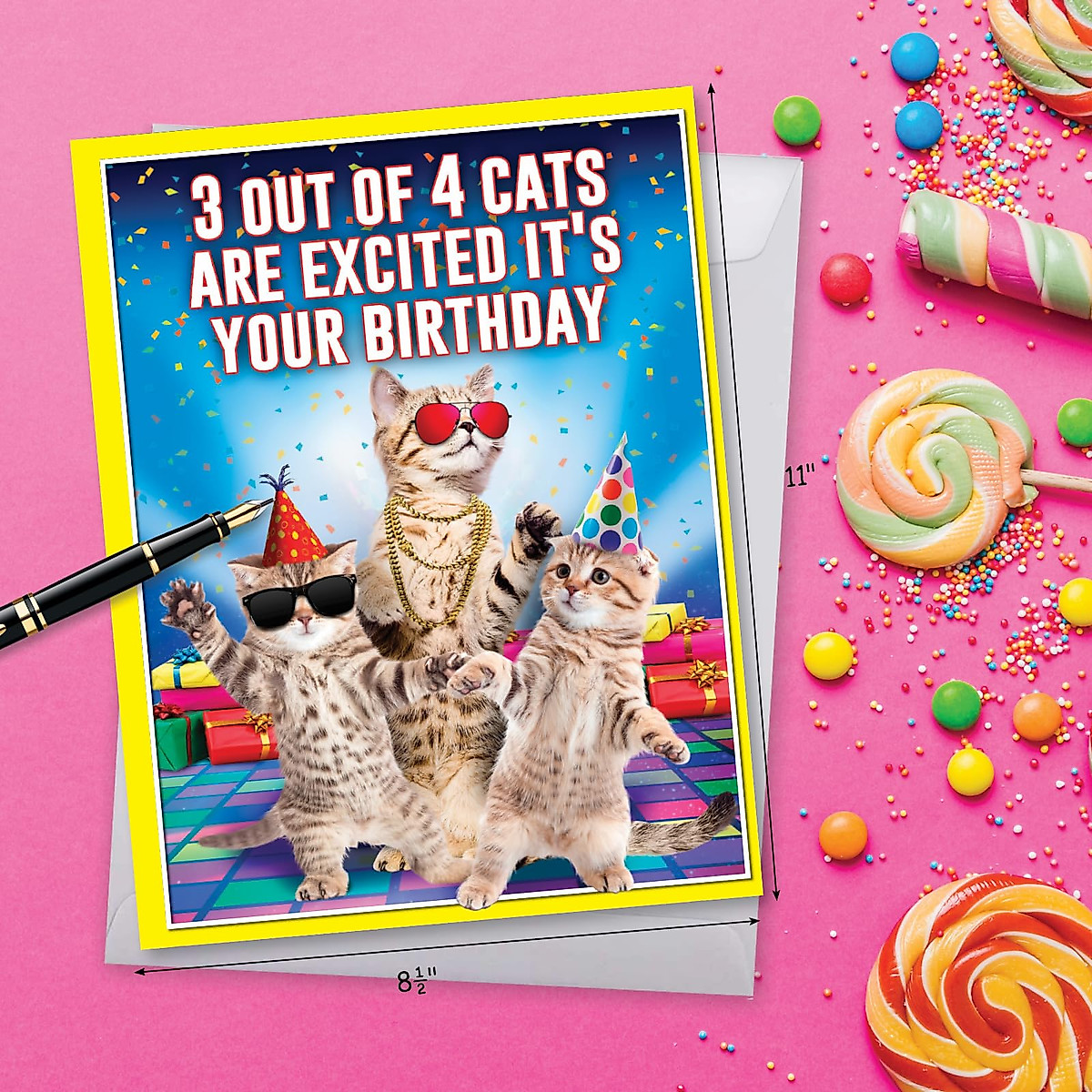 NobleWorks Jumbo Hilarious Birthday Greeting Card 8.5 x 11 Inch with Envelope (1 Pack) Oversize Jumbo Bday Excited Cats J3525BDG