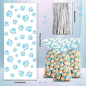 Blulu 100 Pieces Pet Paw Print Cone Cellophane Bags Heat Sealable Candy Bags Dog Paw Gift Bags Cat Treat Bags with 100 Pieces Silver Twist Ties for Pet Treat Party Favor(Blue)