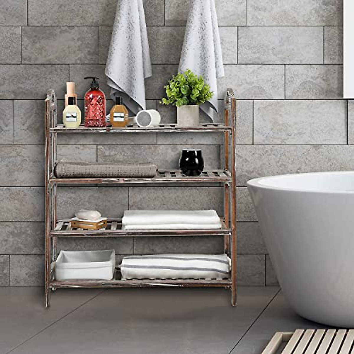 MyGift Torched Solid Wood Entryway Shoe Rack for Entryway, Closet Shoe Rack Organizer Storage Shelf with 4 Tier Wooden Slat Design