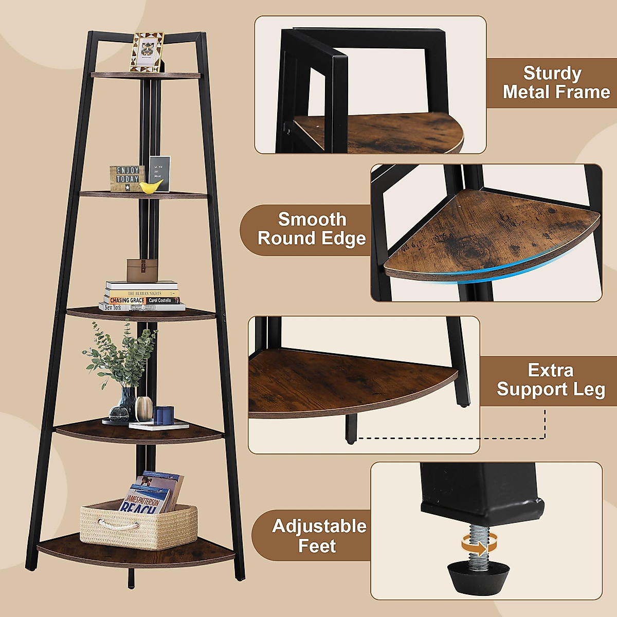 BETTAHOME 5 Tier Corner Stand, 70'' Tall Corner Ladder Shelf, Ideal for Books, Plants, Storage, Display Shelving Unit for Living Room, Bedroom, Kitchen, Rustic Brown