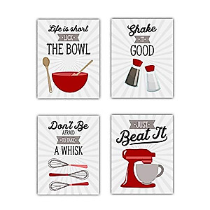 Red Retro Vintage Kitchen Wall Art Prints - Set of 4-8x10 UNFRAMED Gray, Red & White Kitchen Utensil Prints Perfect for Rustic, Modern Farmhouse, Country Decor.