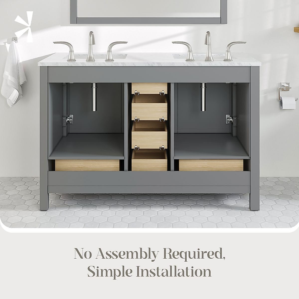 Eviva 48 Inch Bathroom Vanity with Sink-Gray Bathroom Vanity with Carrara Marble Top -Freestanding Double Sink Bathroom vanities with Spacious Storage -Bathroom Sink Cabinet and Wood countertop Combo
