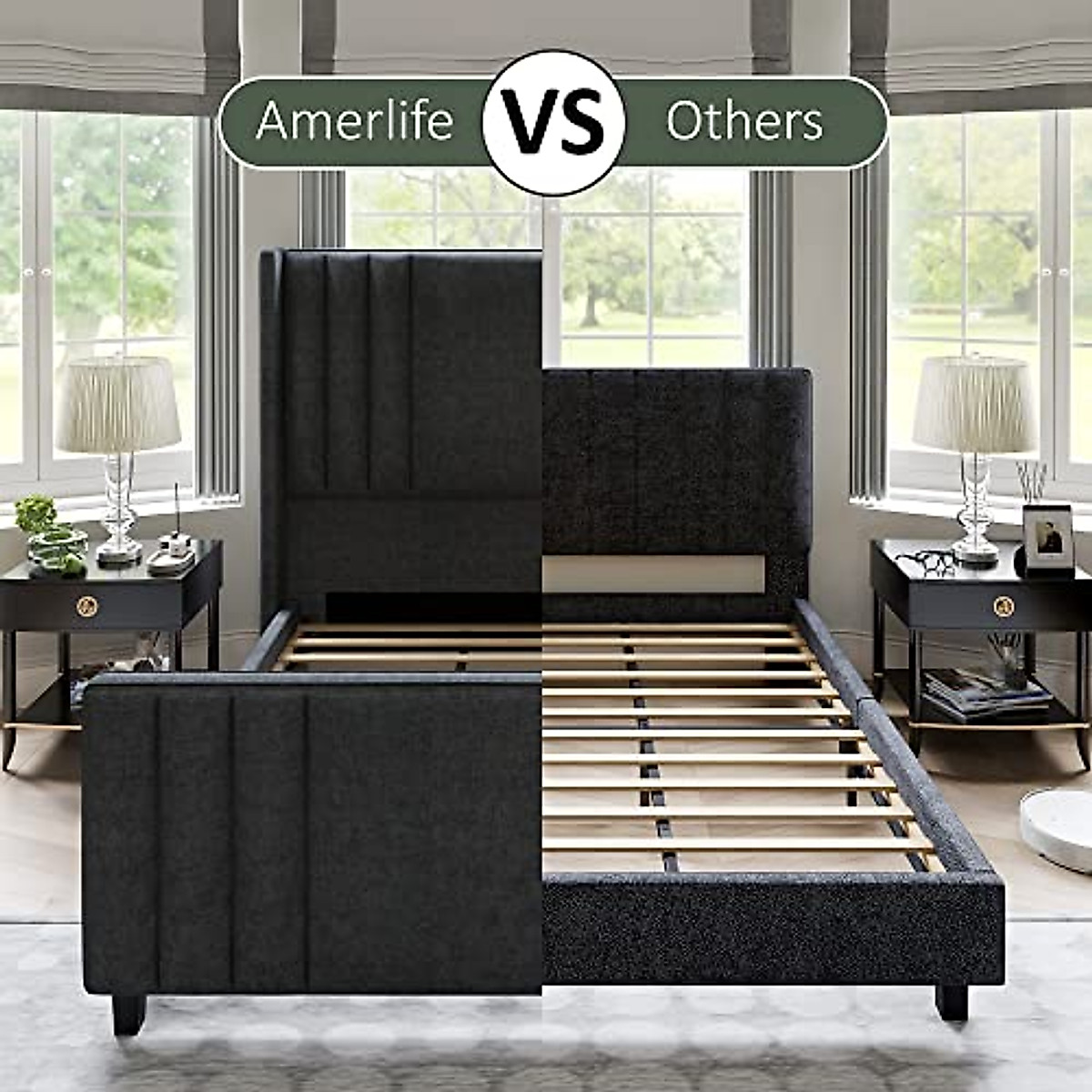 AMERLIFE Queen Size Bed Frame, Velvet Upholstered Platform with Vertical Channel Tufted Headboard & Footboard/Wingback, Mattress Foundation Wood Slats, No Box Spring Needed, Grey (BF-004)