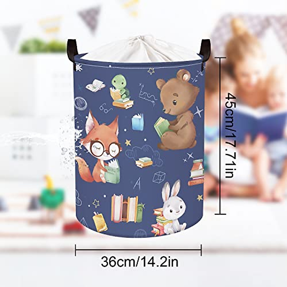Clastyle 45L Lovely Animals Books Fox Turtle Bear Kids Laundry Hamper Rabbit Deer Koala Blue Round Toy Clothes Storage Basket for Children Room, 14.2x17.7 in