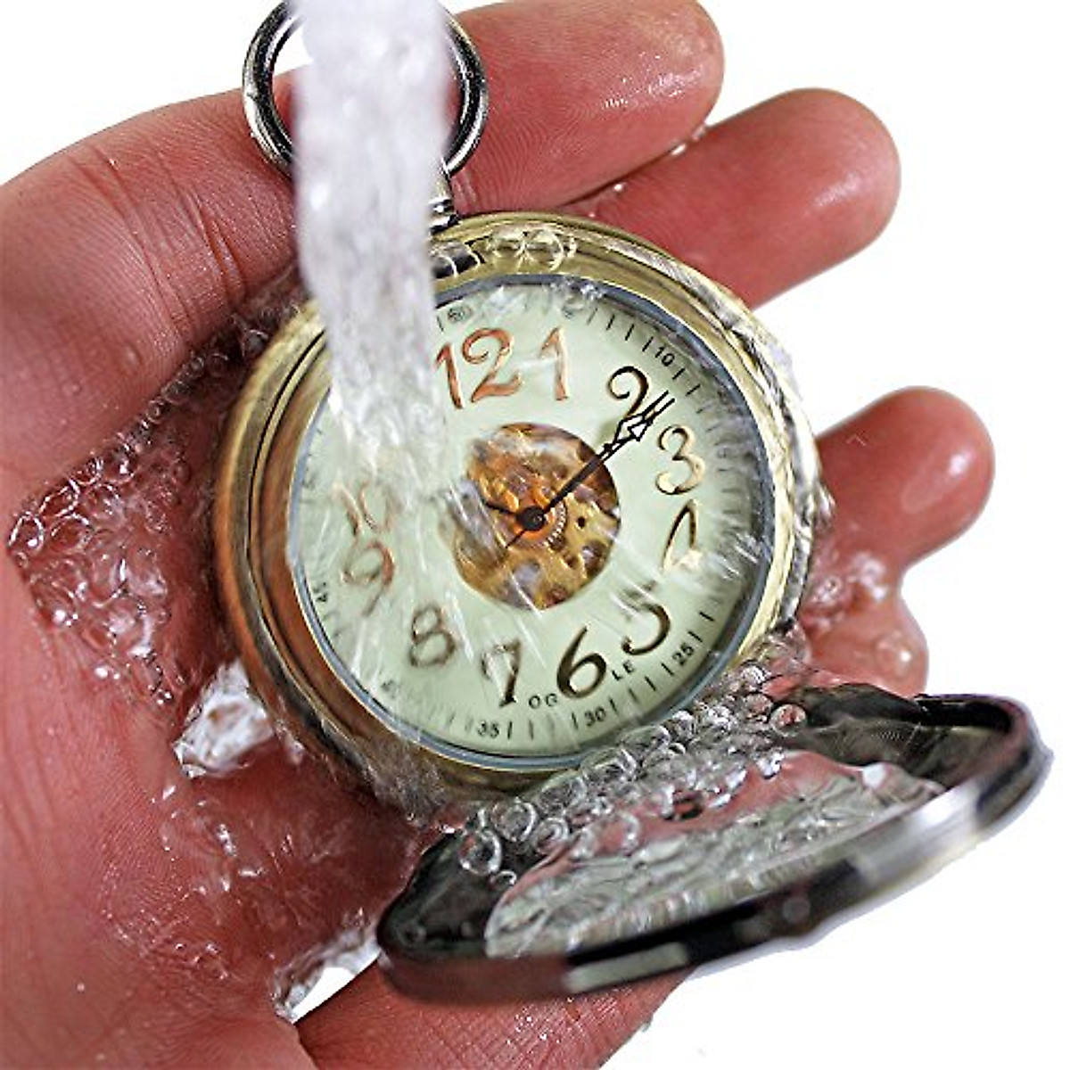 OGLE Vintage Waterproof Mirror Chain Black Fob Self Winding Automatic Skeleton Mechanical Waterproof Pocket Watch