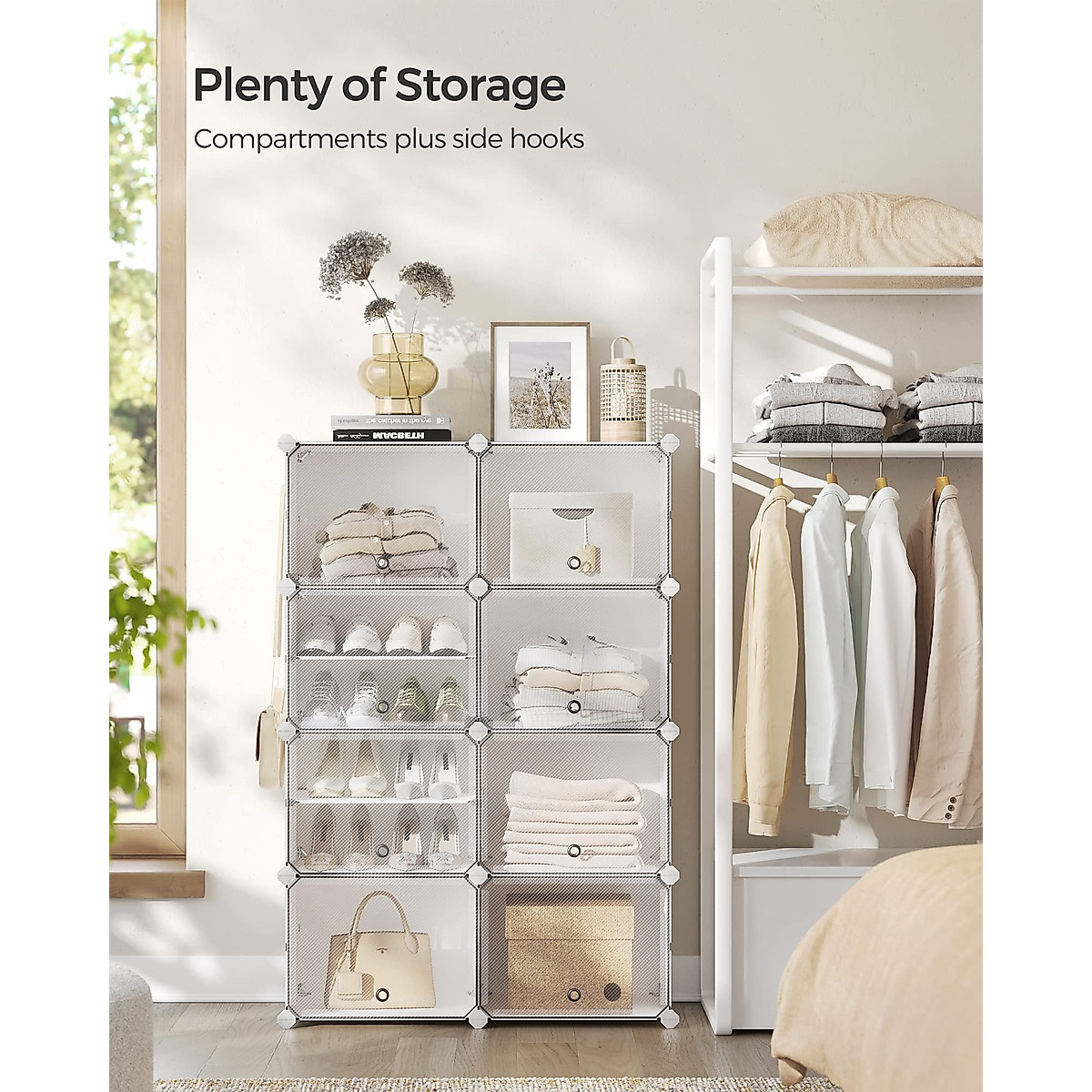 SONGMICS Shoe Rack, 8 Cubes Shoe Organizer with Doors, 32 Pair Plastic Shoe Storage Cabinet, for Bedroom, Entryway, Steel Frame, Plastic Panel, White ULPC034W01