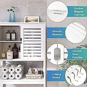SMIBUY Bathroom Over The Toilet Storage Cabinet, 2 Door Bamboo Cabinet Organizer, Freestanding Space Saver Toilet Rack with Adjustable Inside Shelf and Open Shelf (White)