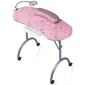 PROLJS Portable Nail Table with Folding Function Manicures Desk for Salon and Home with dust Collector Fan and Magnifying Glass lamp