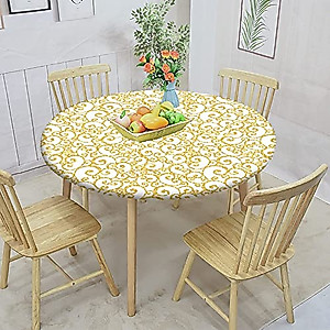 Victorian Round Fitted Tablecloth with Elastic Edge, Swirling Lines Floral Print XXLarge Polyester Table Cover, Fit Round Tables up 65"-71" Diameter, for Outdoor Indoor Use