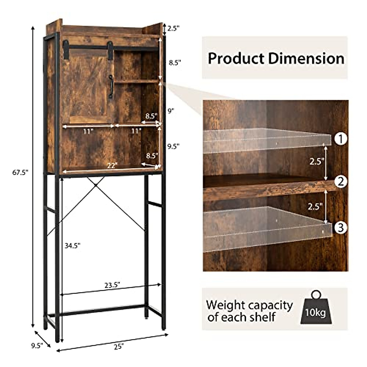 Tangkula Over-The-Toilet Storage Cabinet, Freestanding 4-Tier Bathroom Organizer Rack w/Adjustable Shelf & Sliding Barn Door, Multifunctional Bathroom Space Saver, 25 x 9.5 x 67.5 in (Rustic Brown)