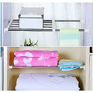 BAOYOUNI Expandable Closet Tension Shelf Rod Organizer Adjustable Storage Rack Heavy Duty Clothes Hanger Metal Space Saving Divider for Bathroom Kitchen Cupboard Wardrobe Bookshelf 32''-46'', Ivory