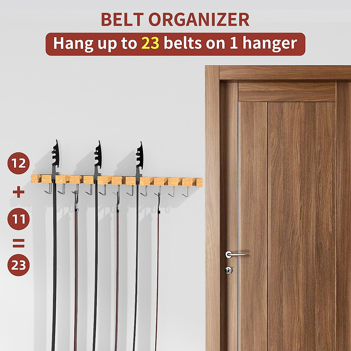 Cuipingoo Belt Hanger for Closet | 2-in-1 Wall Mount Belt Rack | 23 Slots Storage Max 42 Belts w/ 360° Hook | Ratchet Belt Organizer for Closet Accessories, Wardrobe, Door, Wood 1 Pack