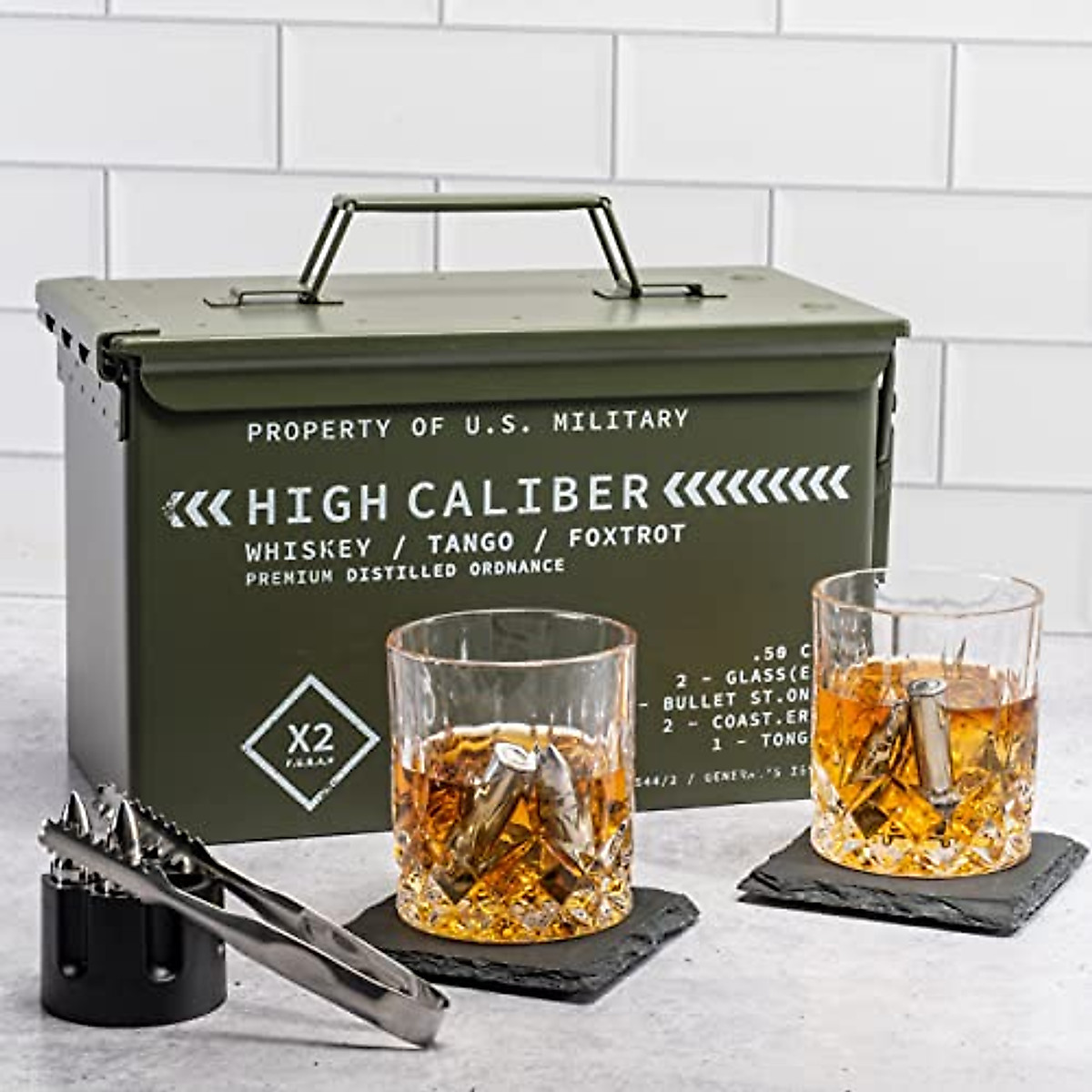 Titan LSO Whiskey Glasses and Whiskey Stones in Unique Tactical Box Display | Ideal Groomsmen Gifts Whiskey Gifts for Men | Bourbon Whiskey Cocktail Glasses, Coasters and Tongs… (with Whiskey Stones)