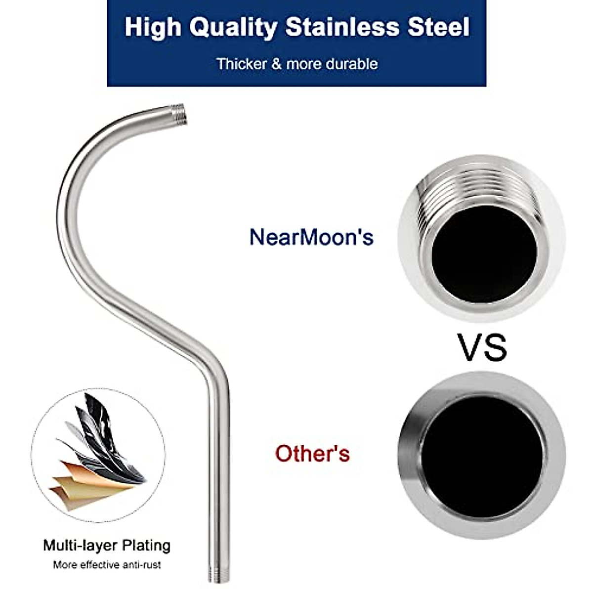 NearMoon Shower Head Extension Arm with Flange - S Shaped High Arc Gooseneck Long Shower Extender Pipe, Perfect for Rainfall Shower Head - Bathroom Accessory,16 Inch (Brushed Nickel)