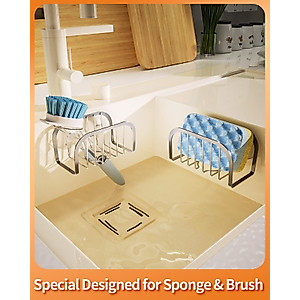 SWTYMIKI Sponge Holder for Kitchen Sink, Movable Sink Sponge Holder with Suction Cups Stainless Steel Sink Caddy Suction Cup for Sponge & Brush, Silver