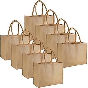 BeeGreen 8 Pack Burlap Jute Tote Bags Bulk X-Large Full Gusset with Inner Zipper Pocket & Cotton Handles Blank Burlap Bags for Beach Teacher Mother Bridesmaid Wedding DIY Decoration