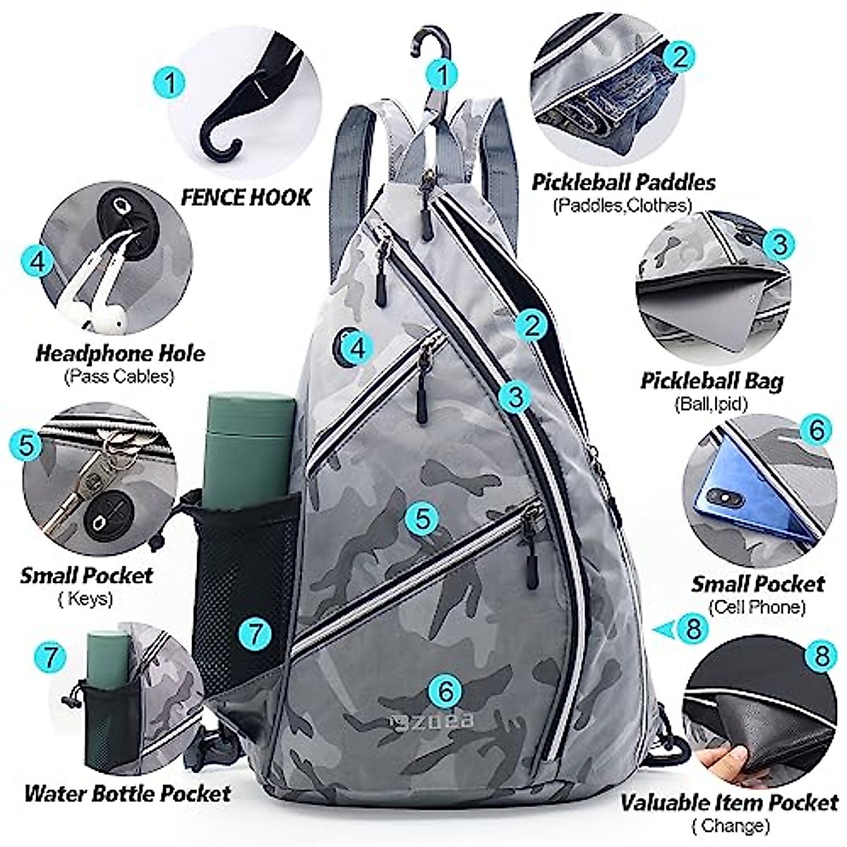 ZOEA Pickleball Bag, Adjustable Pickleball Bag with Water Bottle Holder, Pickleball Paddle Backpack for Men and Women (Camouflage Grey)